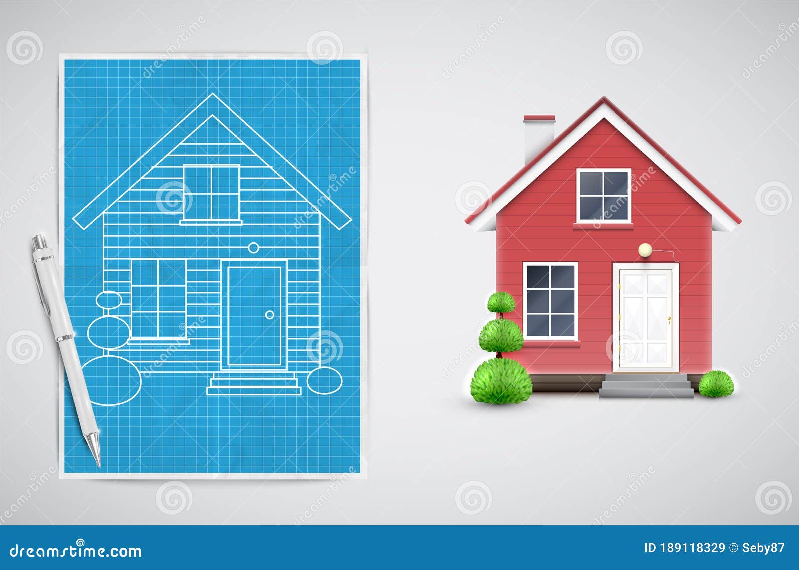 Realistic House with a Blueprint, Vector Stock Vector - Illustration of ...