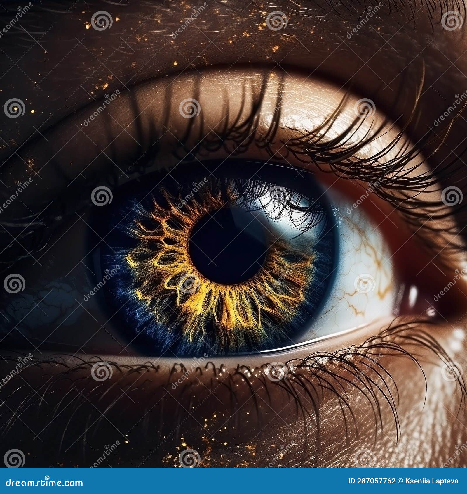 Realistic Human Eye with Reflection of Galaxy, Golden Iris. Stock ...