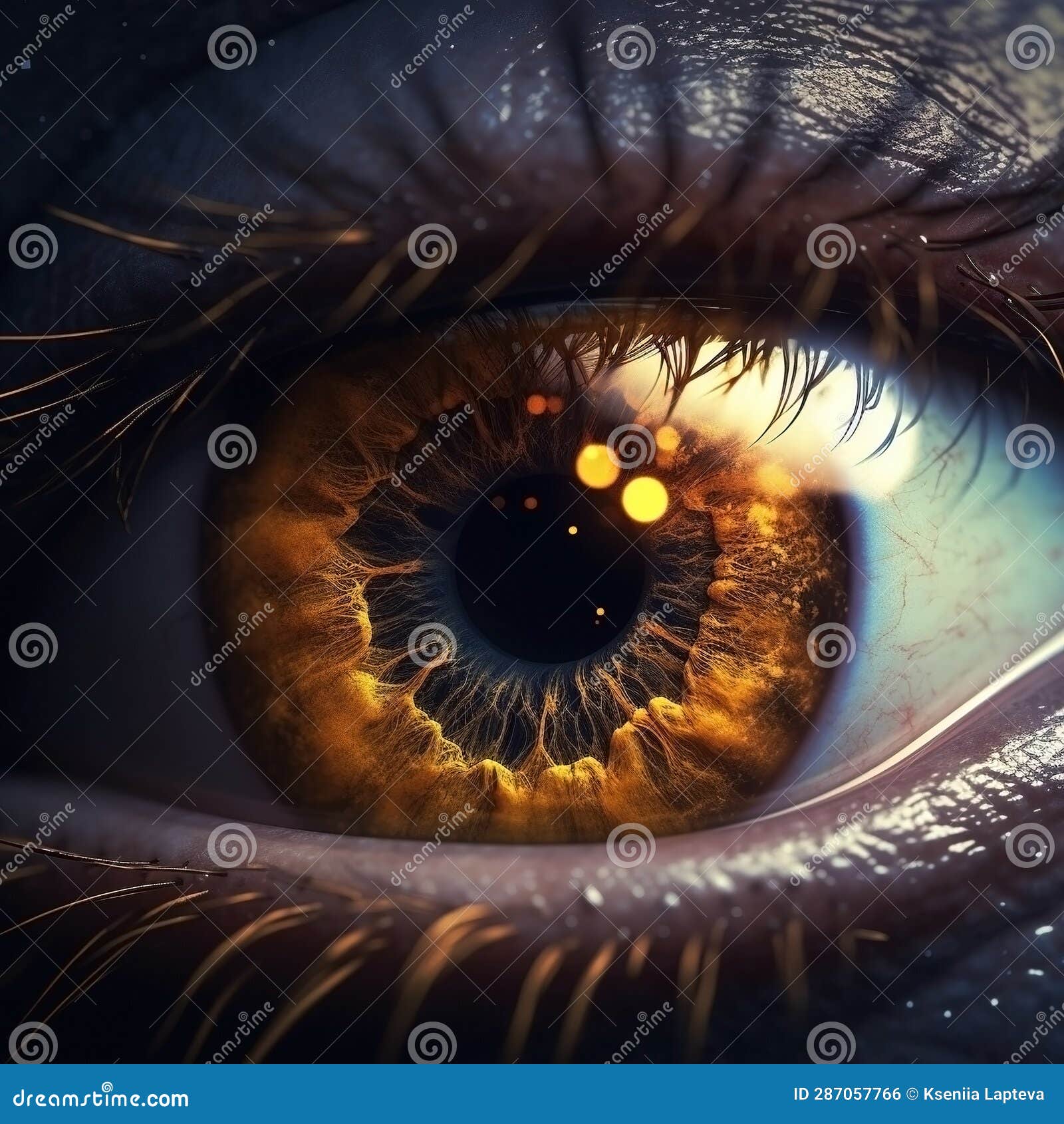 Realistic Human Eye with Reflection of Galaxy, Golden Iris. Stock ...