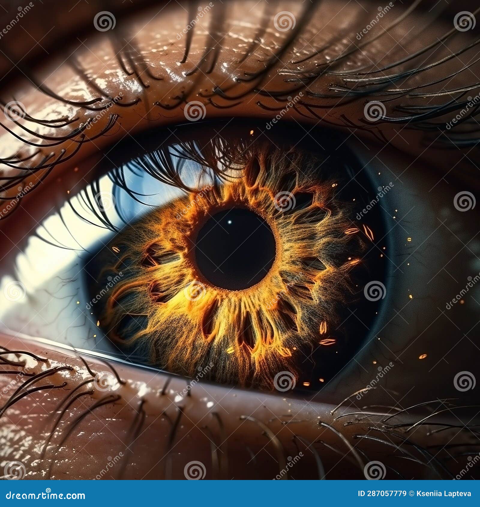 Realistic Human Eye with Reflection of Galaxy, Golden Iris. Stock ...
