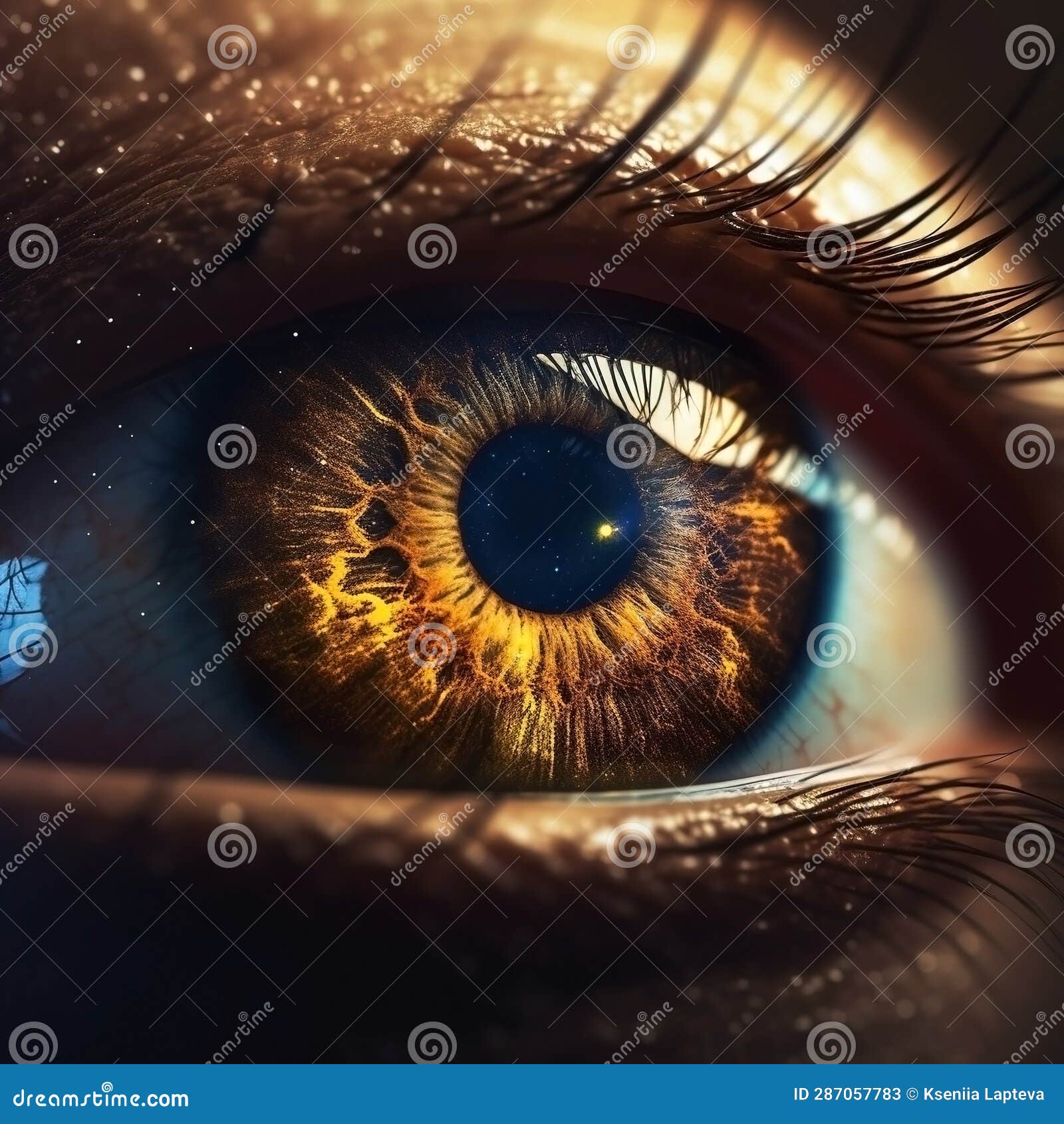 Realistic Human Eye with Reflection of Galaxy, Golden Iris. Stock ...