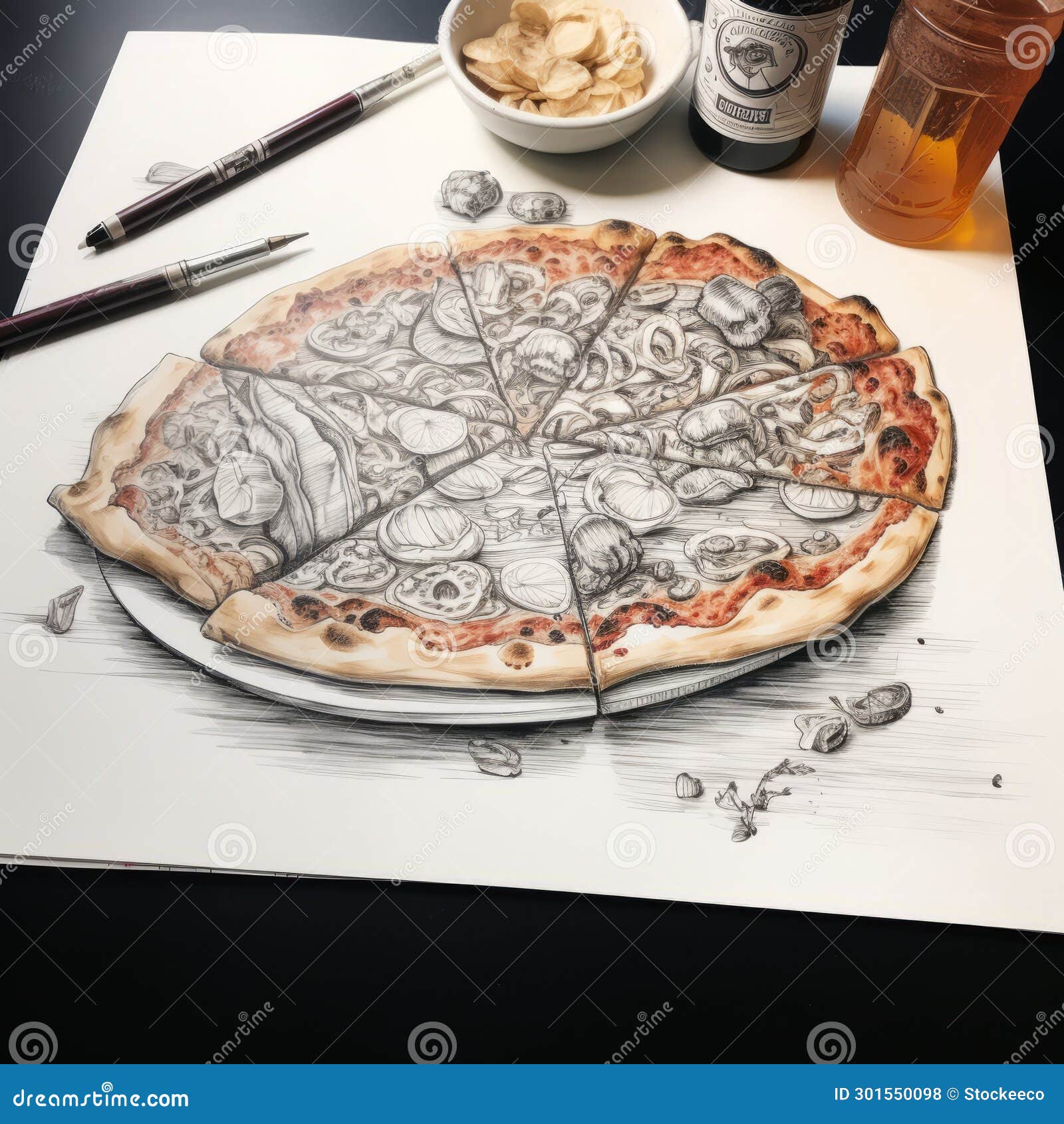 Realistic and Hyper-detailed Drawings of Pizza on a Table Stock ...