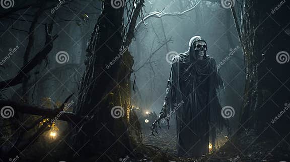 Realistic and Hyper-detailed Grim Reaper in a Forest at Night Stock ...