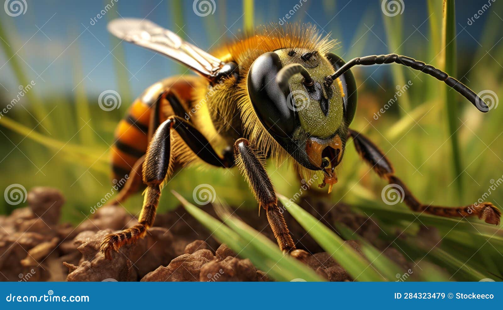 Realistic Hyper-detailed Rendering of a Bee on Grass Stock Illustration ...