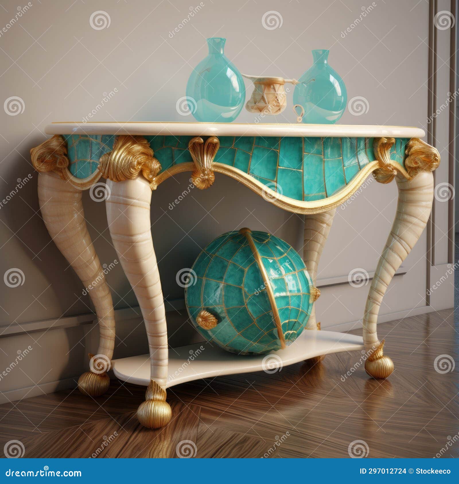 3d Console Table with Turquoise and Beige Ornaments Stock Illustration - Illustration of ...