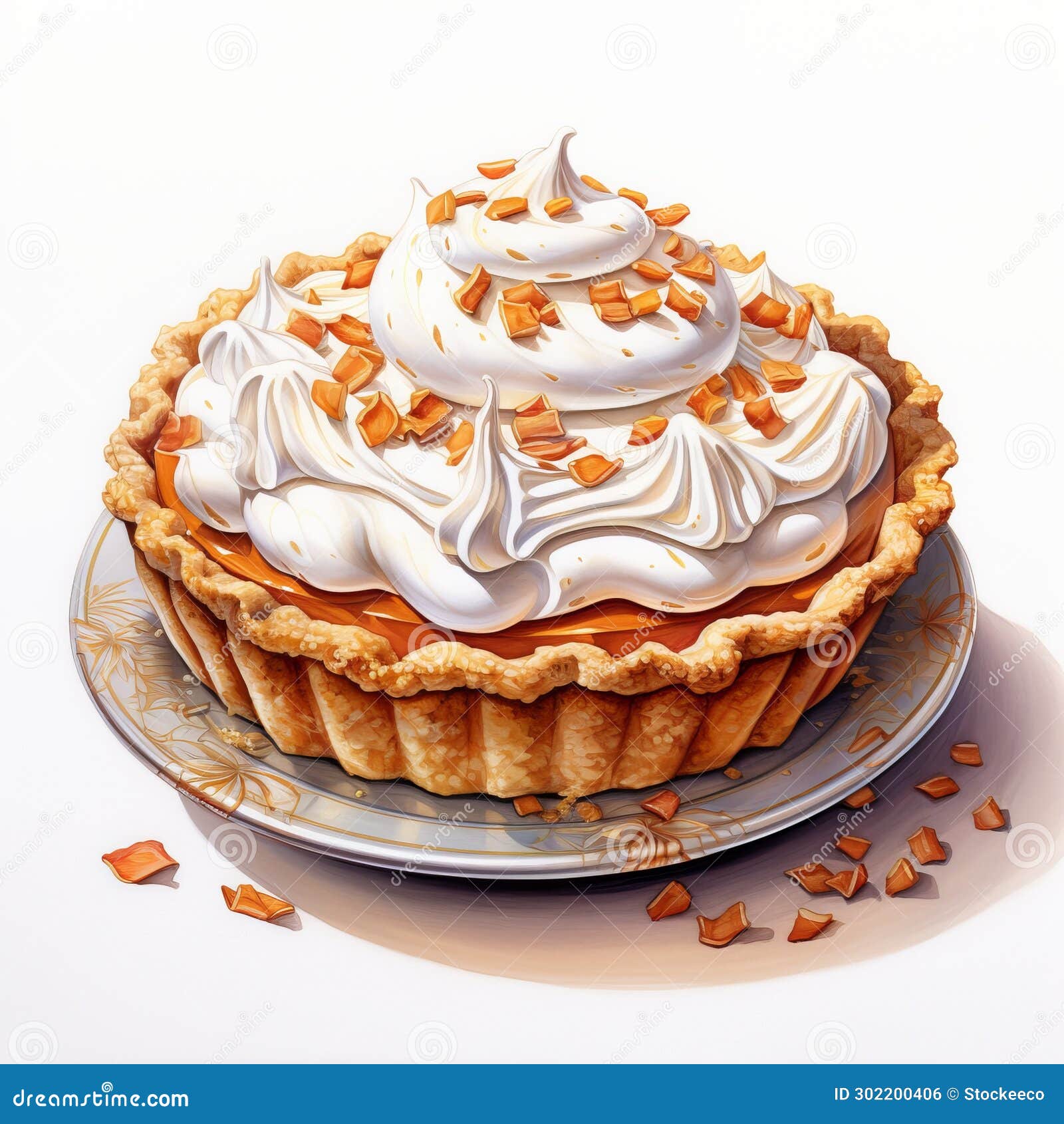 Realistic Watercolor Illustration of Pumpkin Chiffon Pie with Pecan and ...