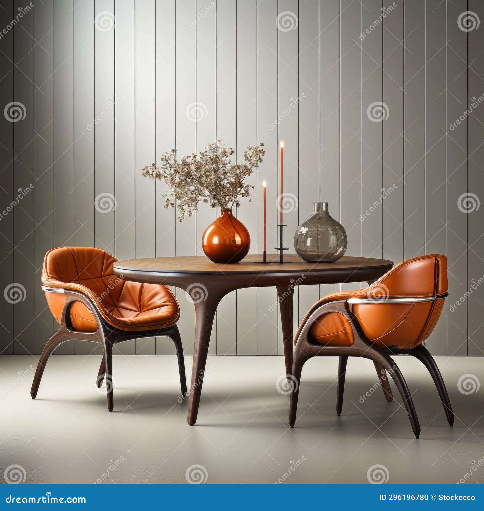 Luminous 3d Dining Table with Brown Chairs and Tan Leather Lounge Chair Stock Illustration ...