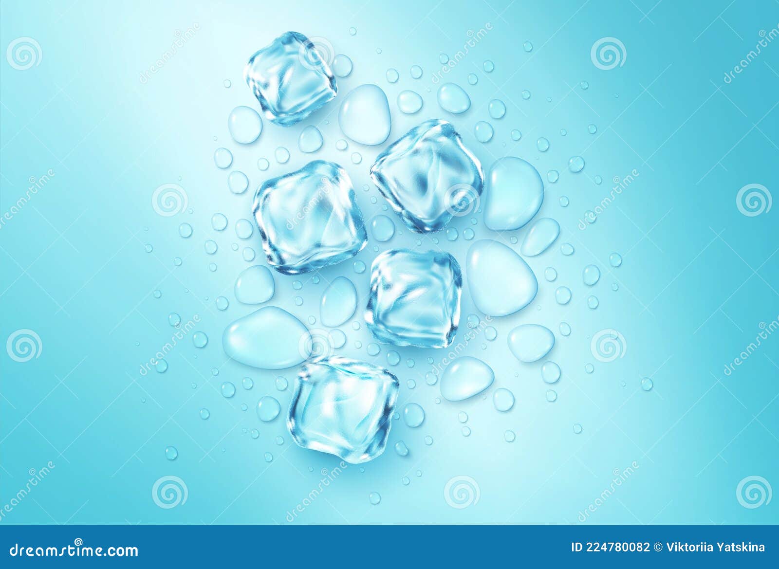 Realistic Ice Cubes and Water Drops on a Blue Background. Top View of ...