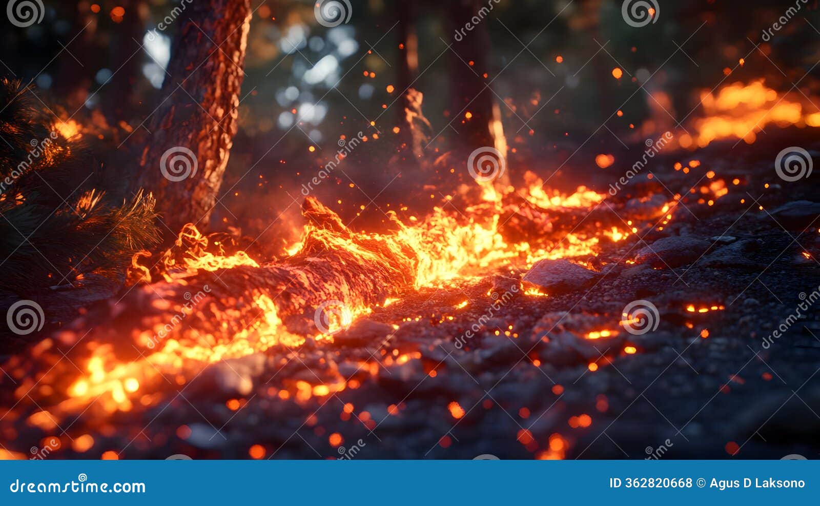 Realistic Illustration Forest Fire Burning Trees Embers Smoke Wildfire ...