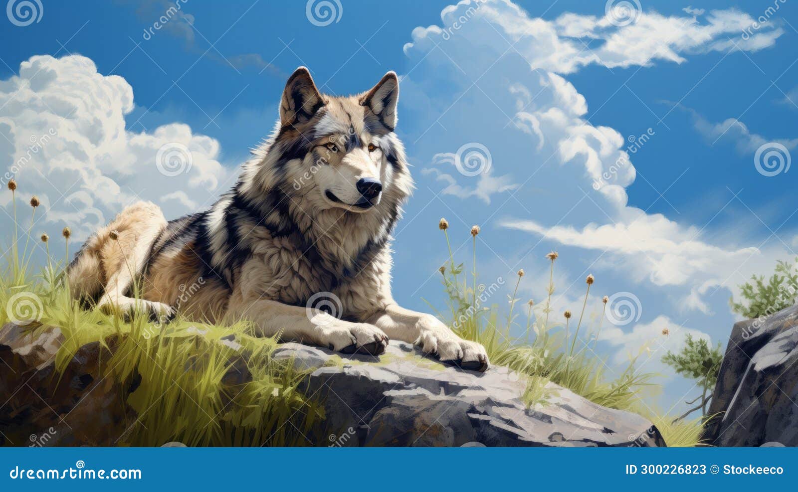 Realistic Illustration of a Grey Wolf Resting on a Tree Stock ...