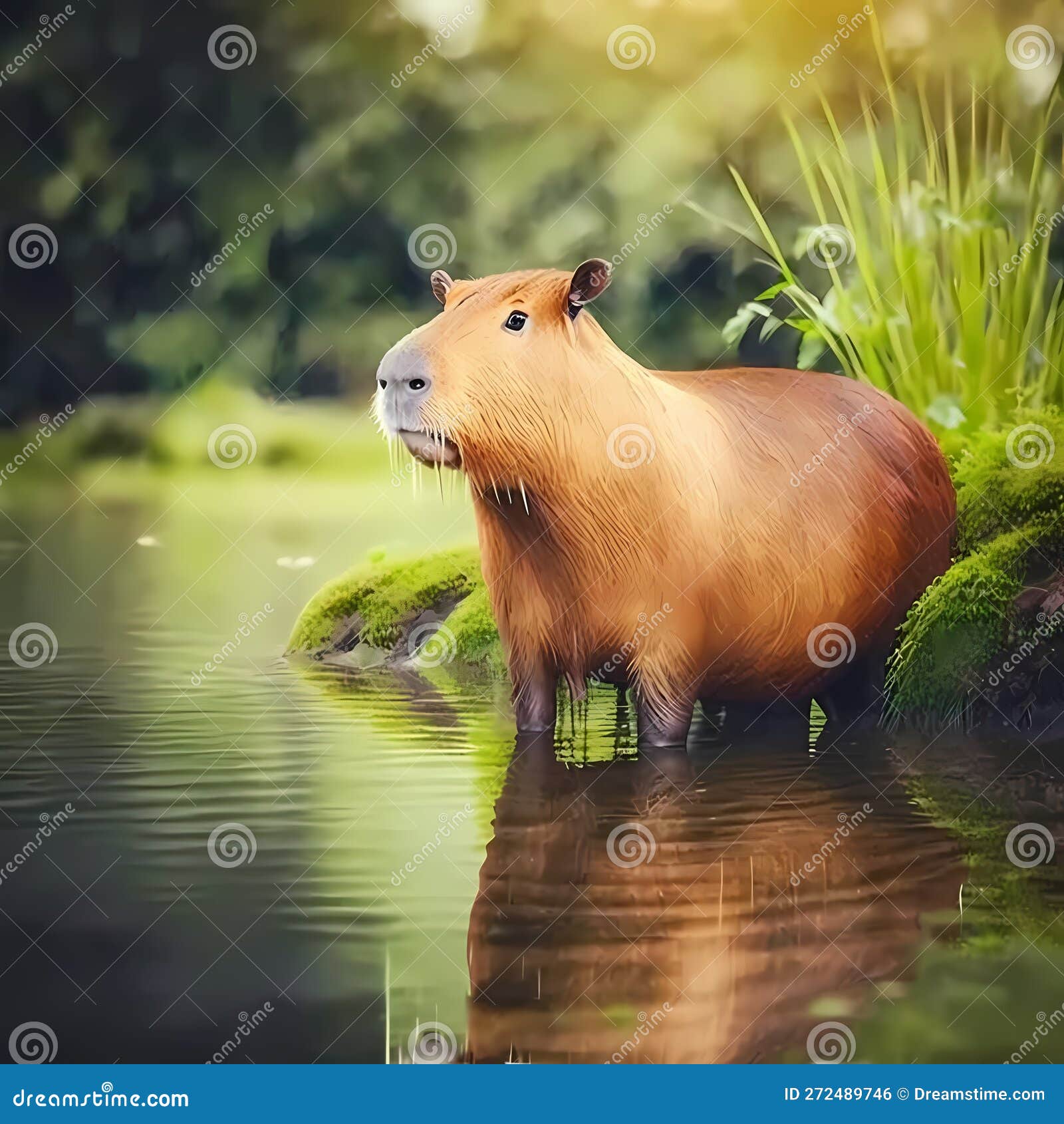 Capybara at Rainforest River. Generative AI Stock Illustration ...