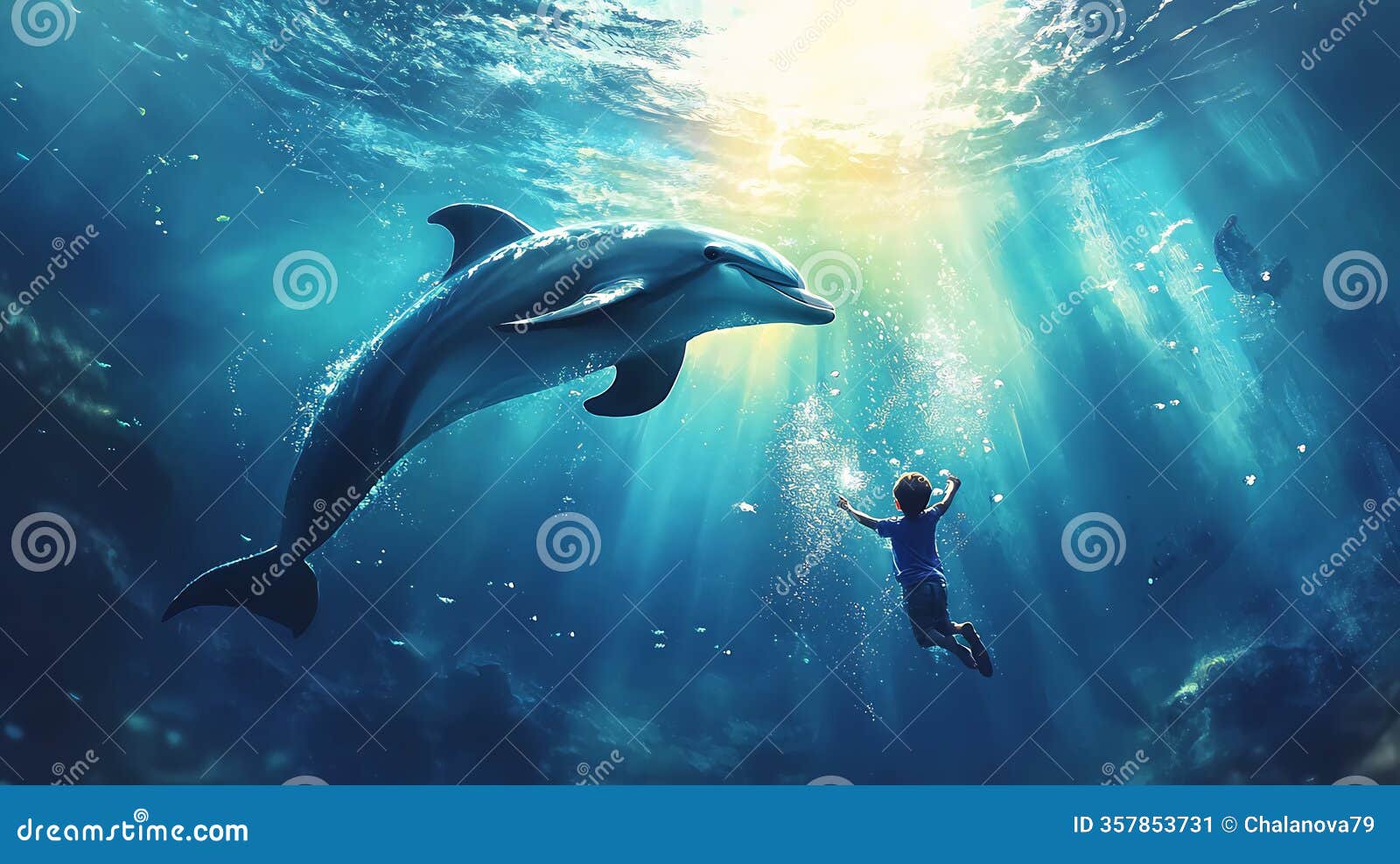 Realistic Illustration of a Kid Boy Scuba Diving with a Dolphin Stock ...