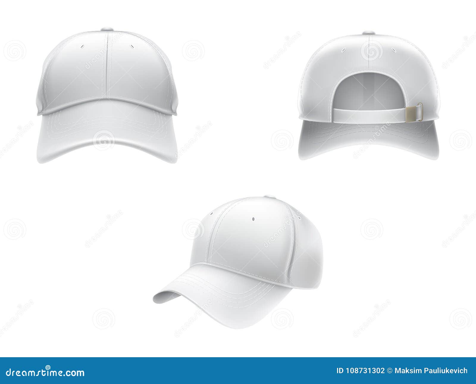Realistic Illustration of a White Textile Baseball Cap Front, Back and ...