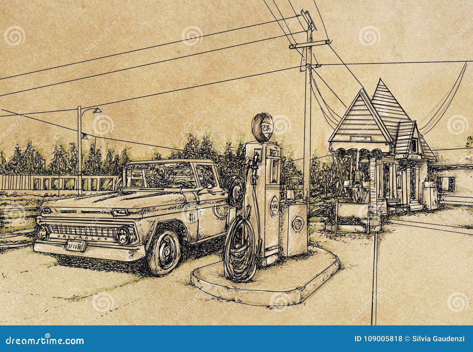 Realistic Illustration with 50 Years Machine at a Gas Station Stock ...
