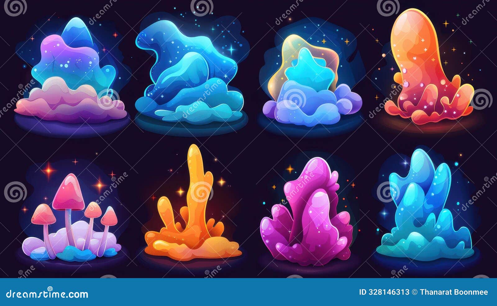 Realistic Illustrations of Star Clouds and Mushrooms with Firework ...