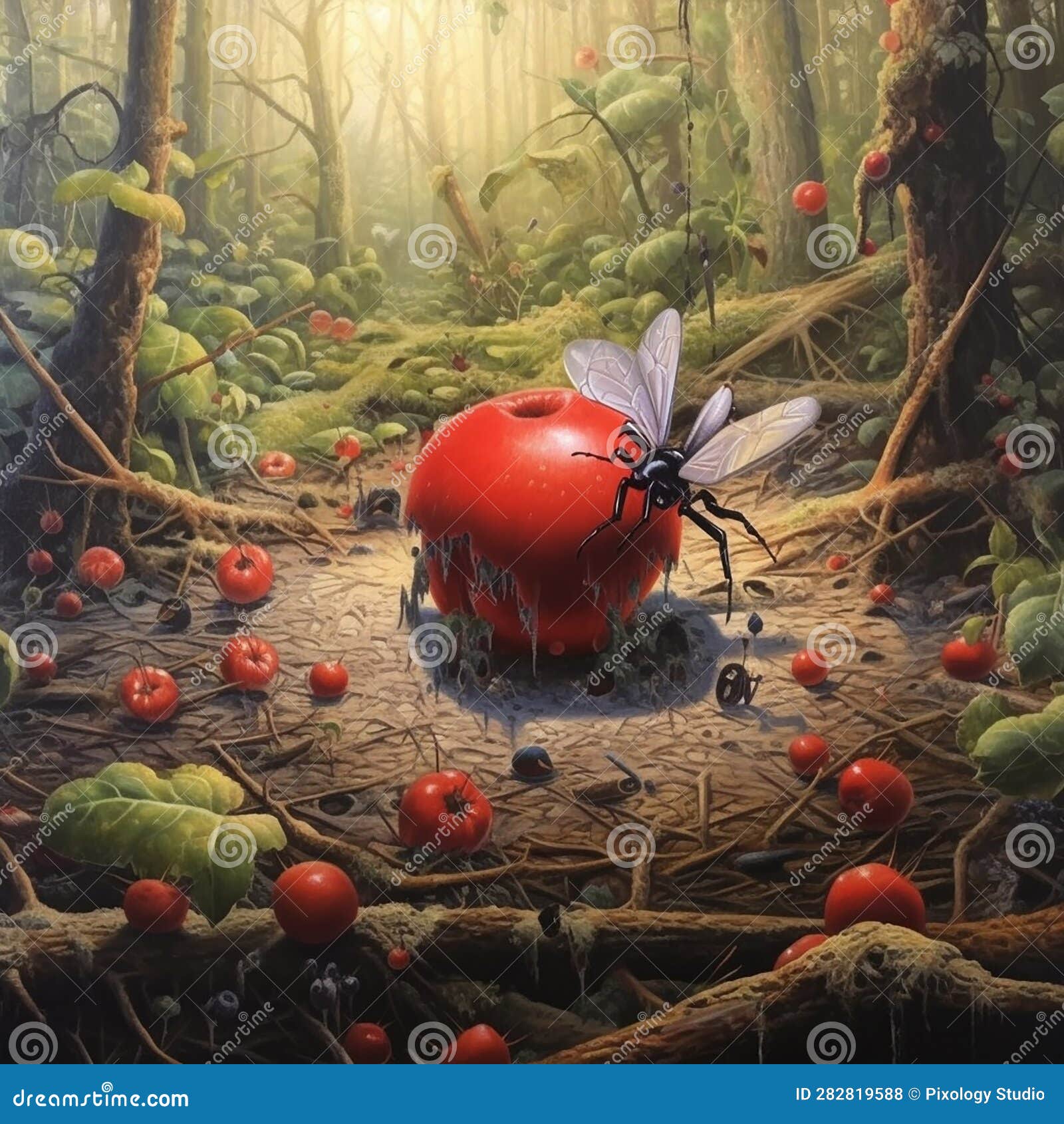 A Realistic Image of an Apple that Surrounded by an Ants, Flies, and ...
