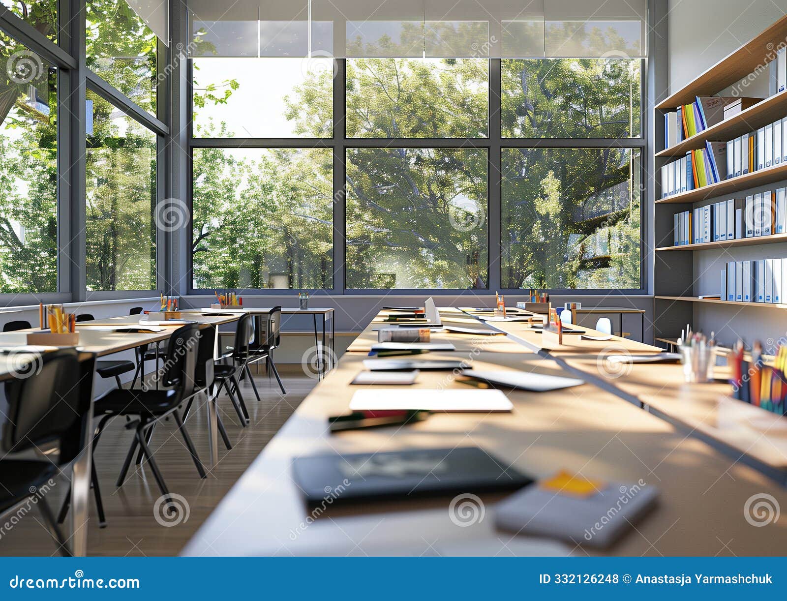 Realistic Image of a Clean and Modern School Classroom with Large ...