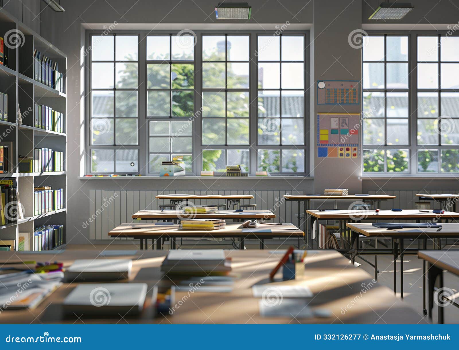 Realistic Image of a Clean and Modern School Classroom with Large ...