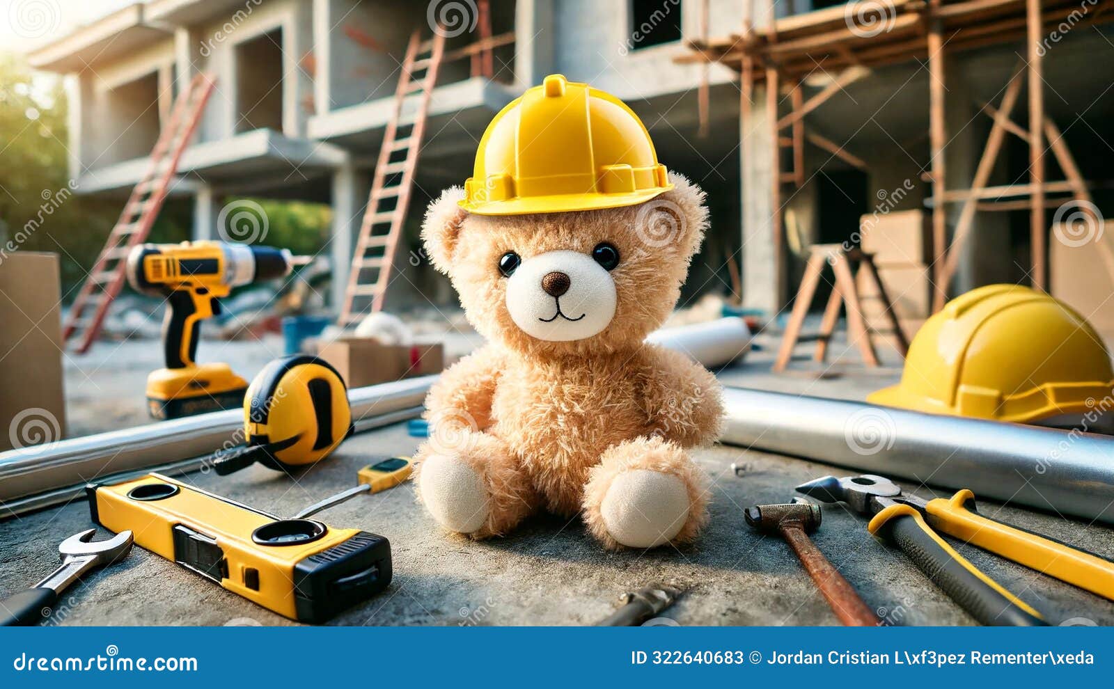 Adorable Teddy Bear in Yellow Worker’s Helmet at Construction Site Stock Illustration ...