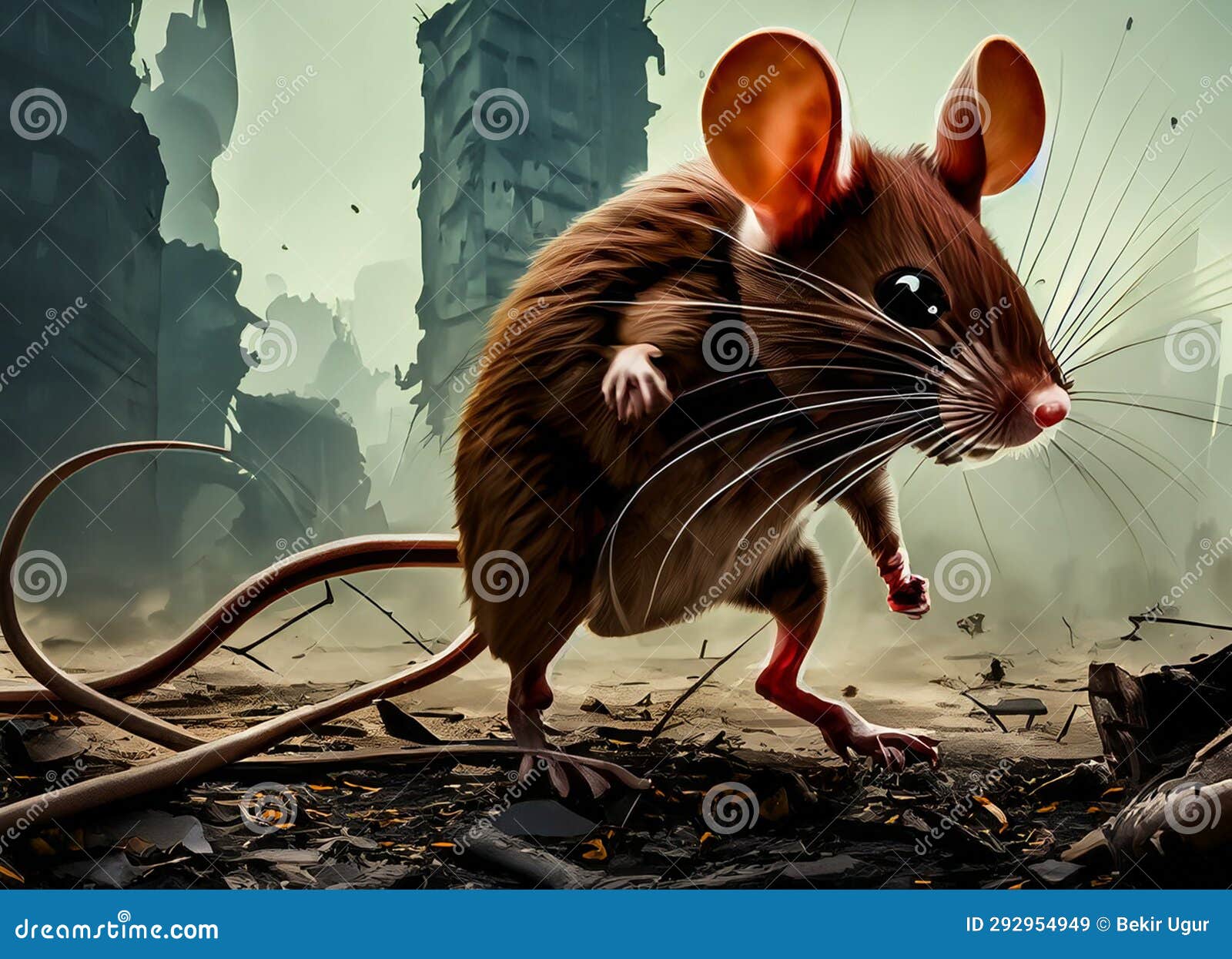 Realistic Image of a Mouse in Post-apocalyptic City Ruins, Looking for ...