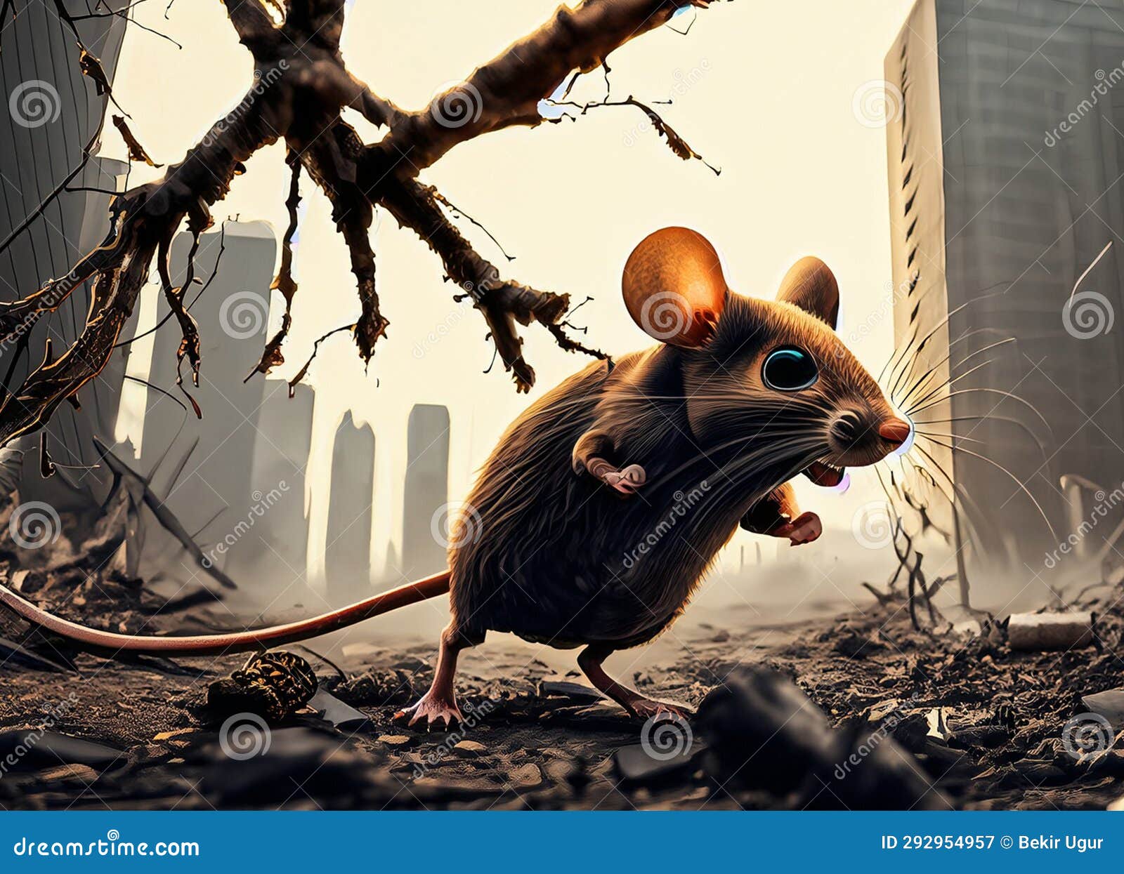 Realistic Image of a Mouse in Post-apocalyptic City Ruins, Looking for ...