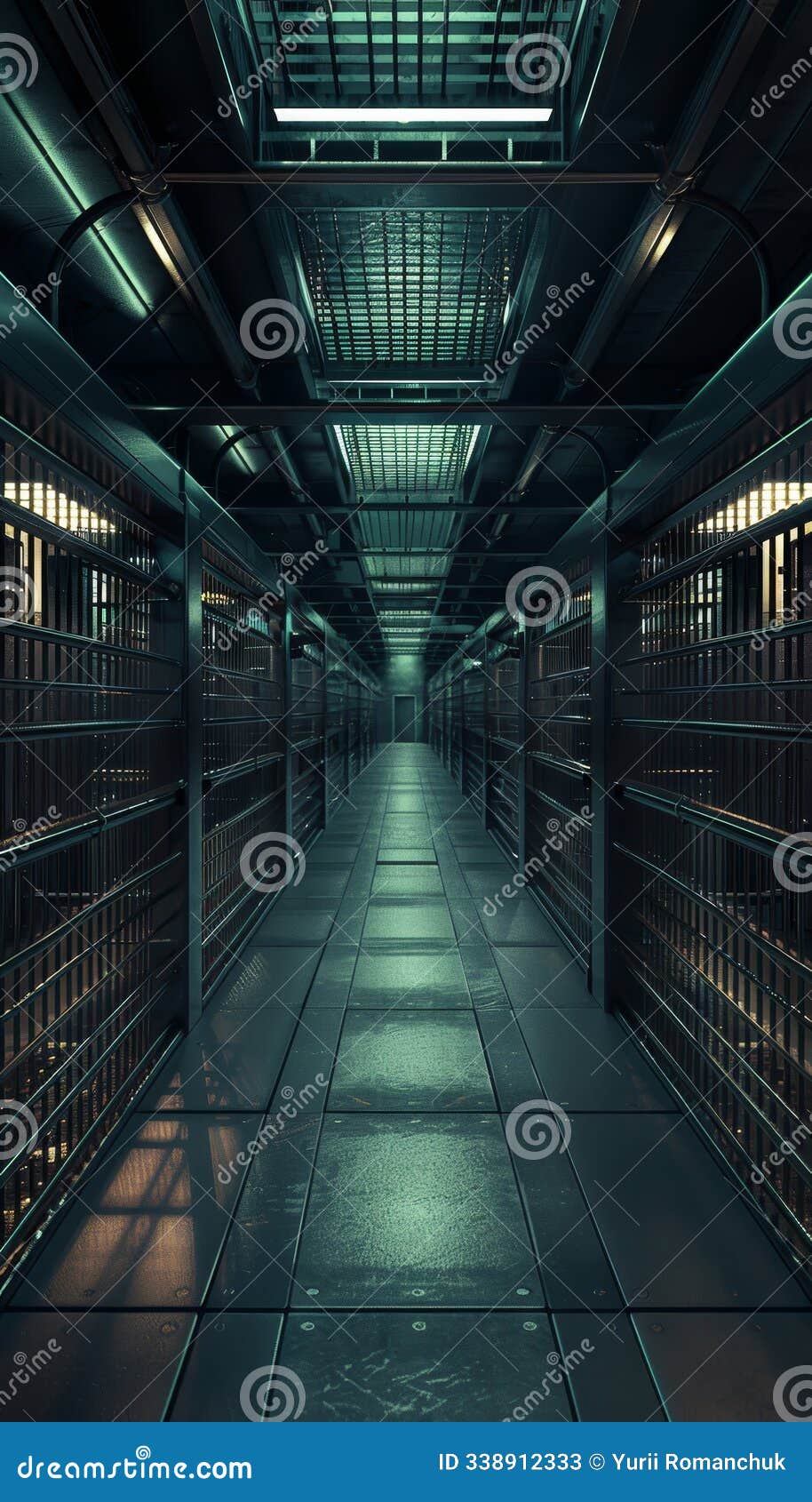Realistic Image Of A Prison Corridor With Cells And Locked Doors Under ...