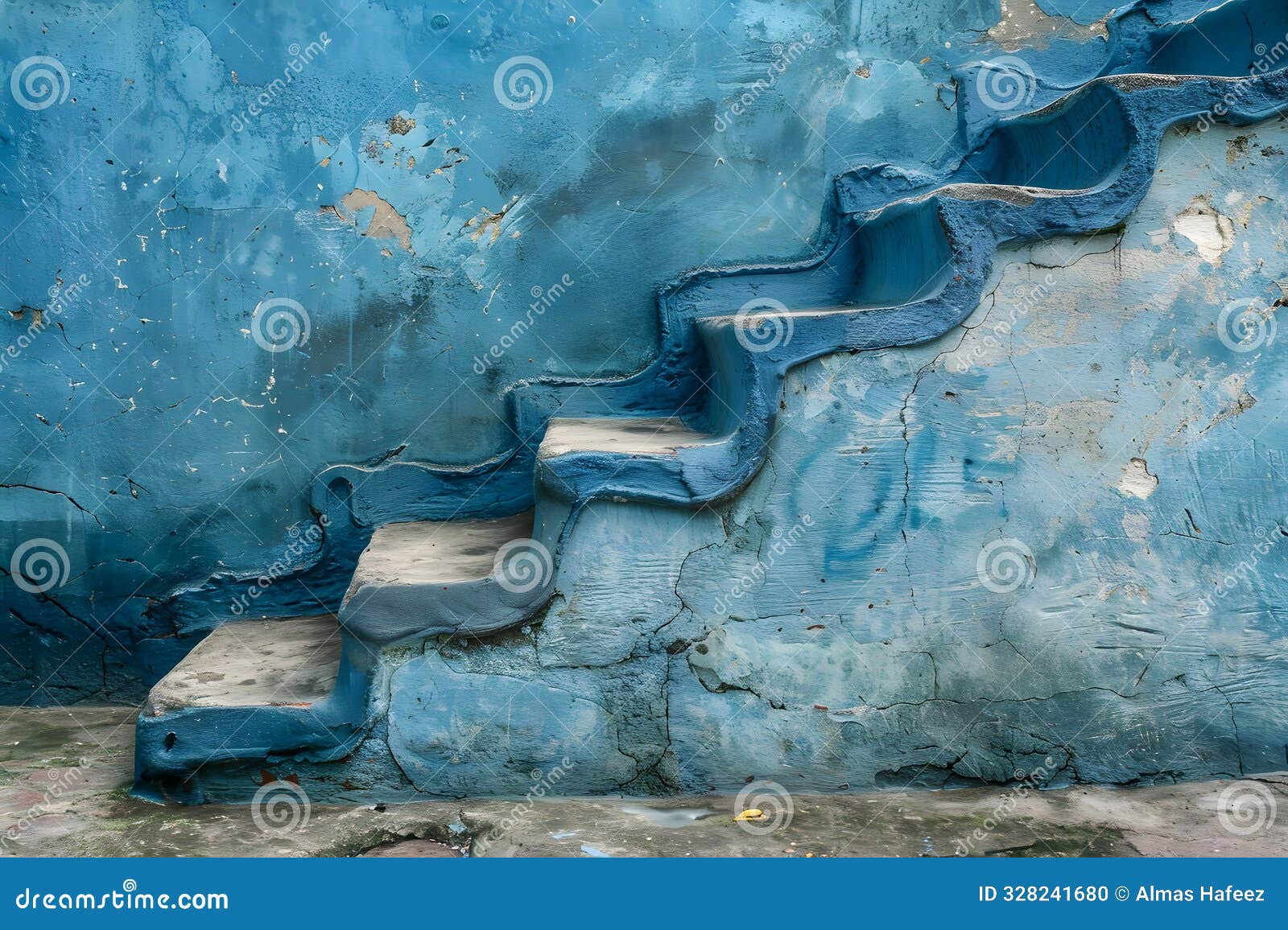 A Realistic Image Of Stairs Ascending A Large Blue Wall, Symbolizing ...