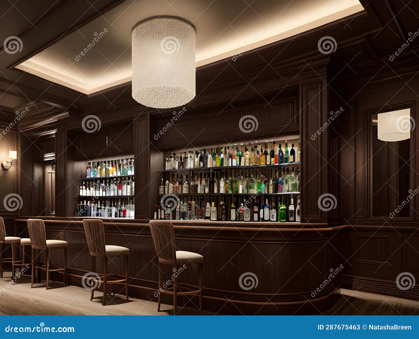 Realistic Interior Design Bar Medium Shot Hyperdetailed. Stock ...