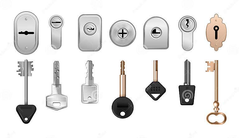 Realistic Keys Keyholes Door Locks Icon Set Stock Illustration ...