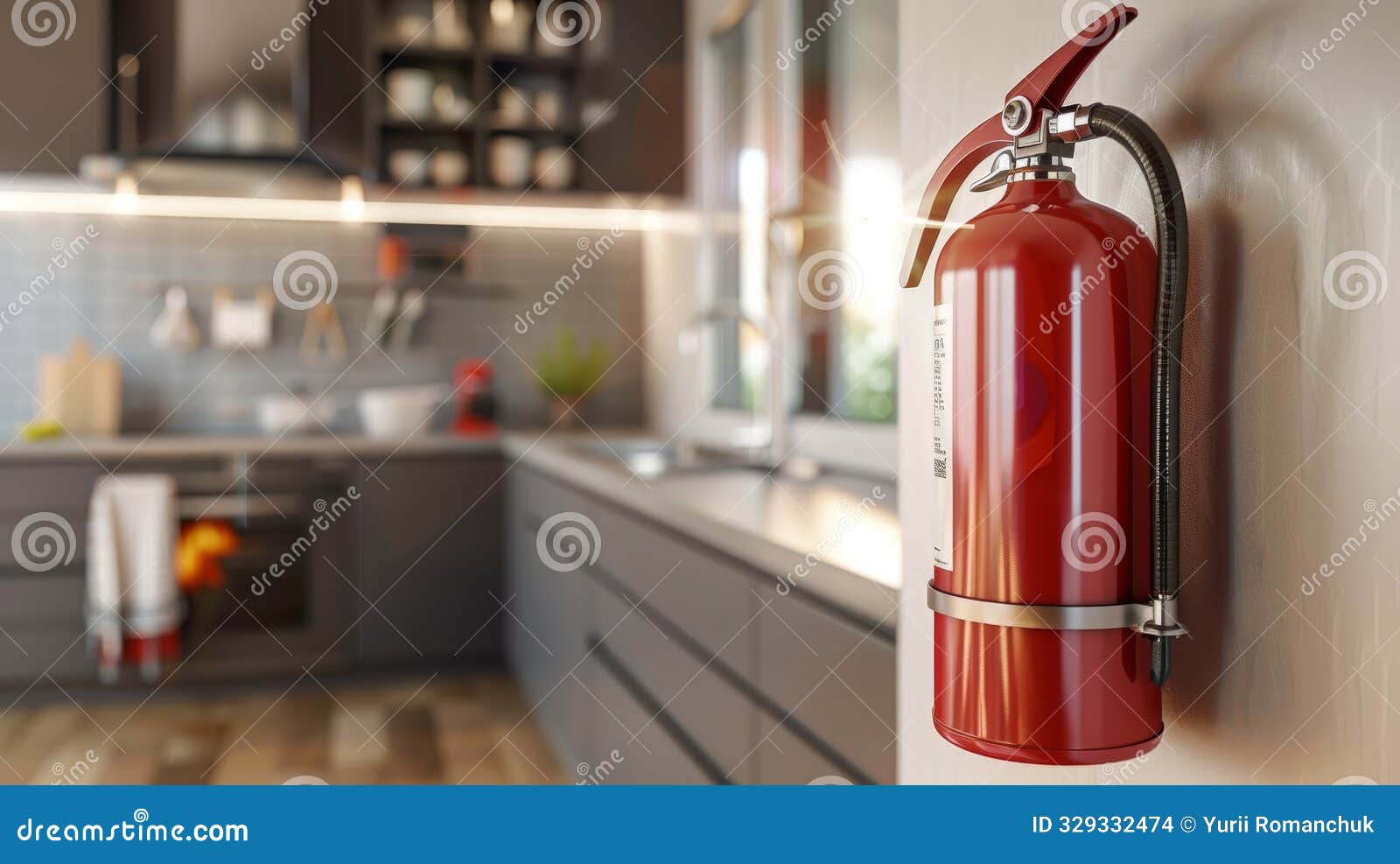 Realistic Kitchen Background with a Fire Extinguisher Mounted on the ...