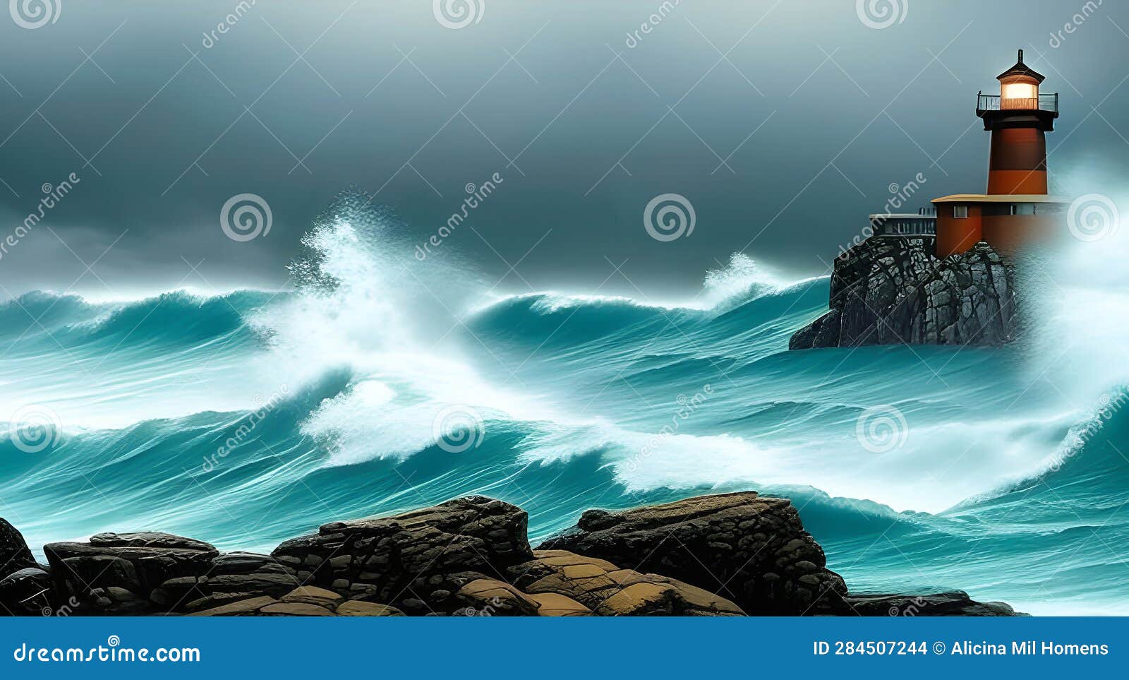 Realistic Landscape Illustration of Lighthouse on Coast during Storm ...