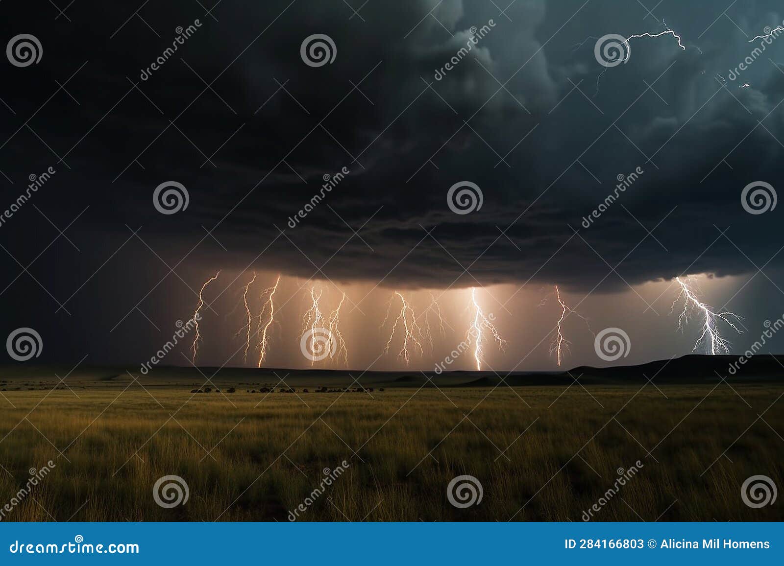Realistic Landscape Illustration during Storm with Lightning Stock ...