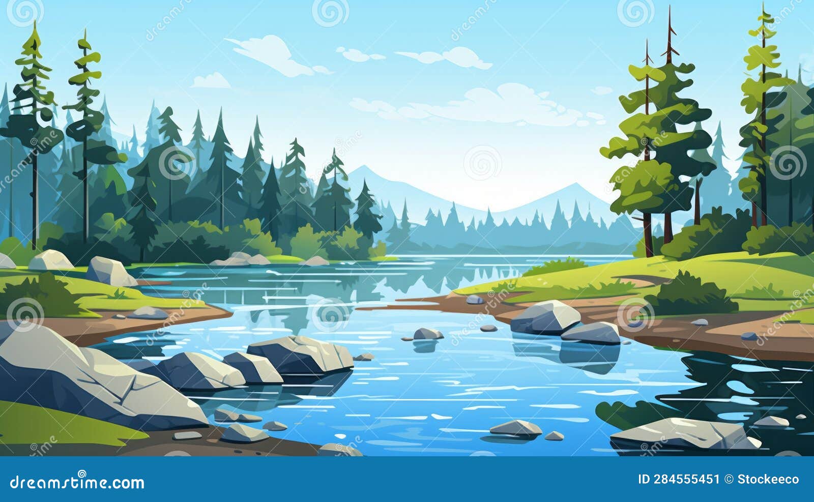 Serene Cartoon Landscape: River, Trees, and Clear Reflective Water ...