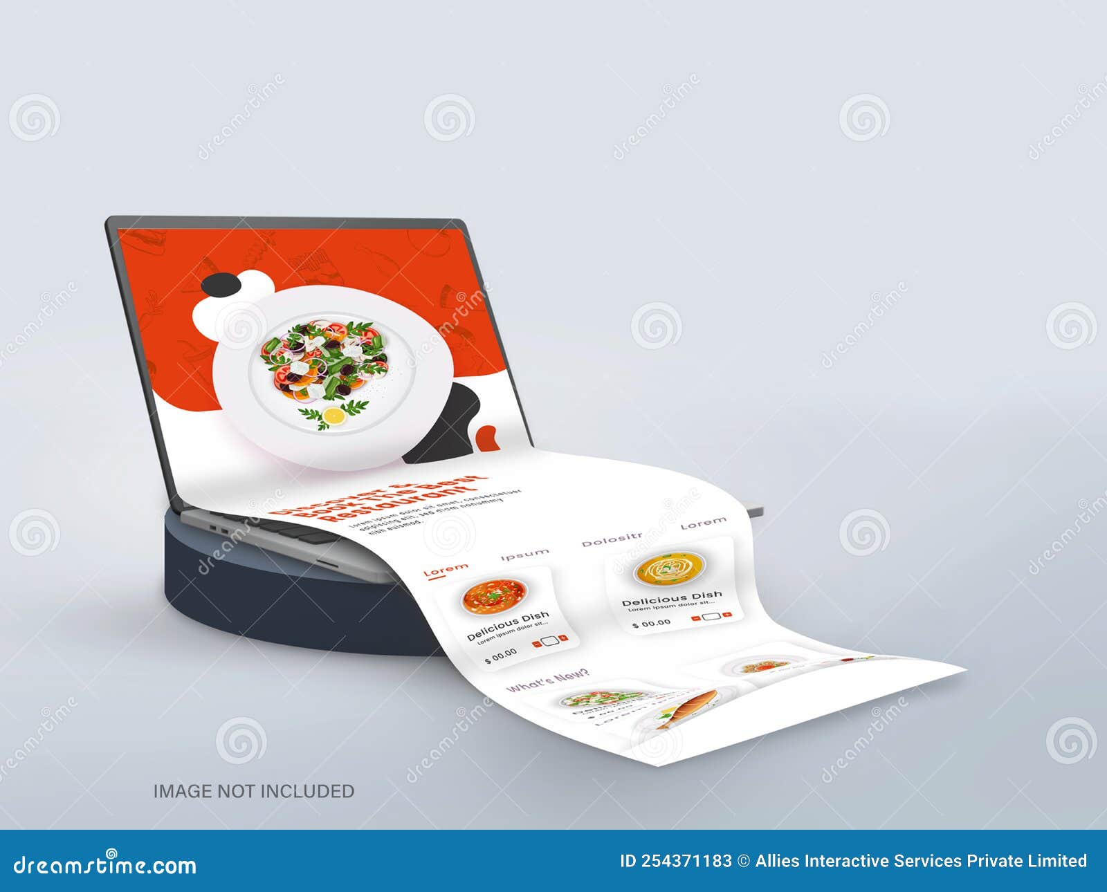 Realistic Laptop with Scrolling Screen of Restaurant Menu on Podium ...