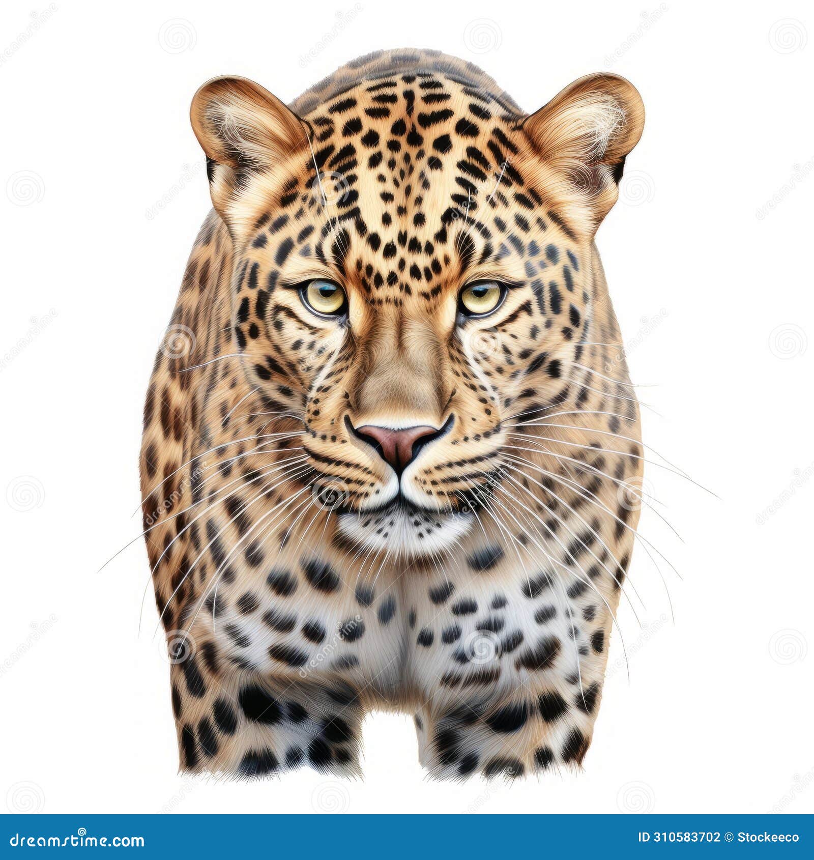 Realistic Leopard Close-up Flat Drawing Front View on White Background ...