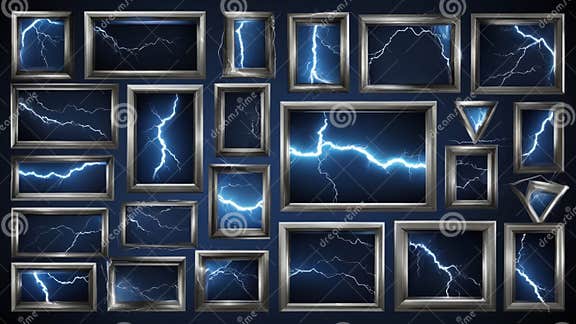 Realistic Lightning Striking in Metal Frames on Blue Background Stock ...