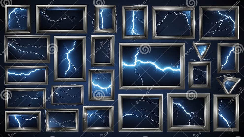 Realistic Lightning Striking in Metal Frames on Blue Background Stock ...