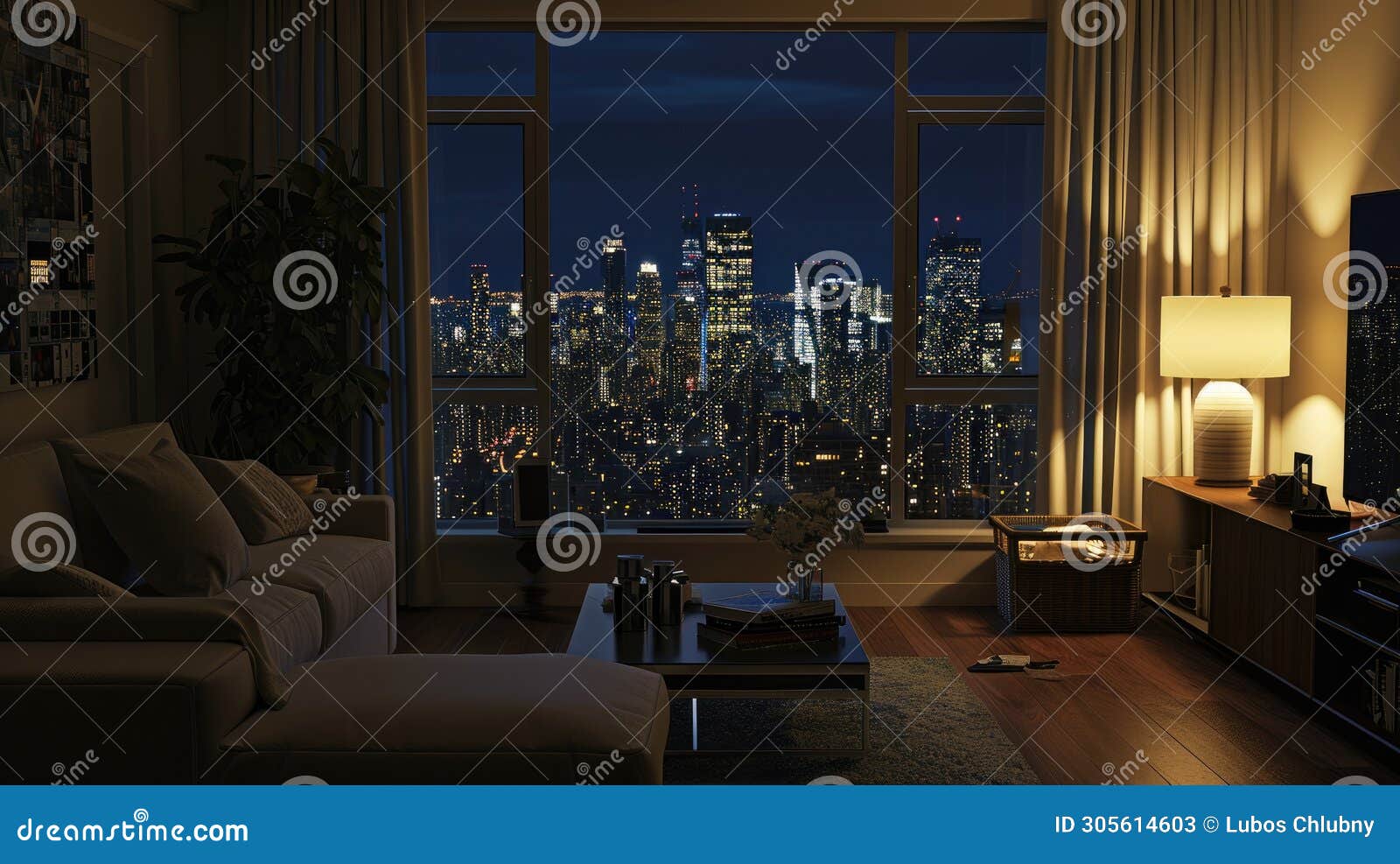 Realistic Living Room at Night with a Cityscape View Stock Illustration ...