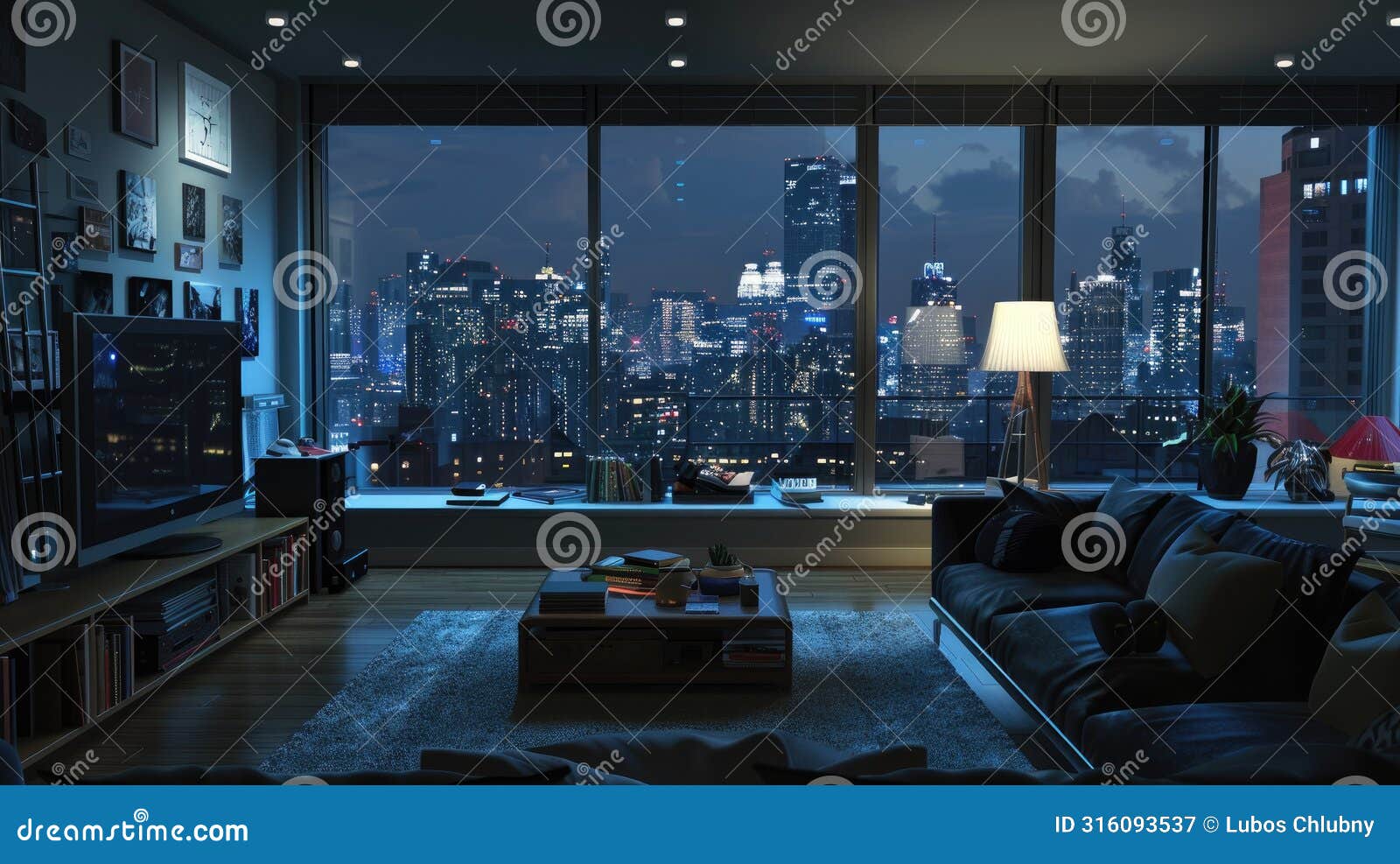 Realistic Living Room at Night with a Cityscape View Stock Illustration ...