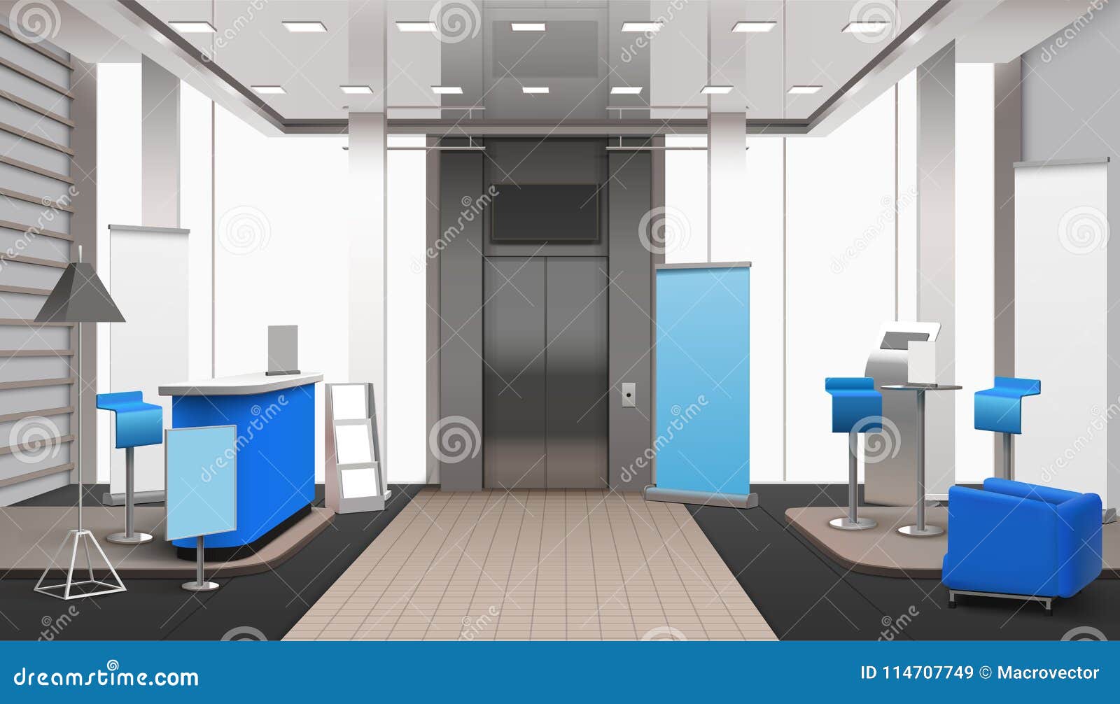 Realistic Lobby Interior Blue Elements Stock Vector - Illustration of ...