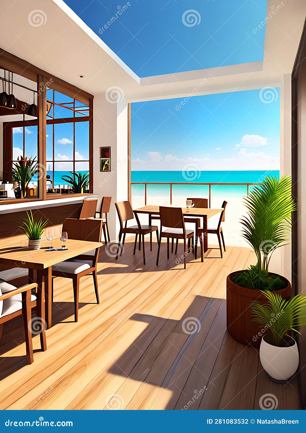 Realistic Mediterraneanstyle Beachside Cafe Design. Stock Illustration ...