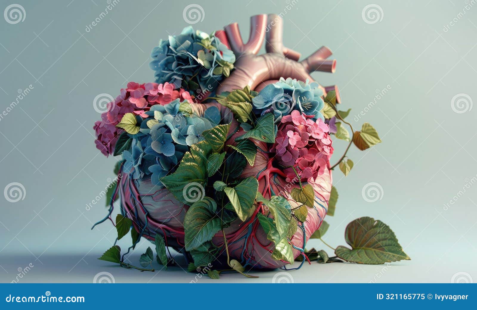 Realistic Model of a Human Heart Adorned with Hydrangeas and Ivy Stock ...