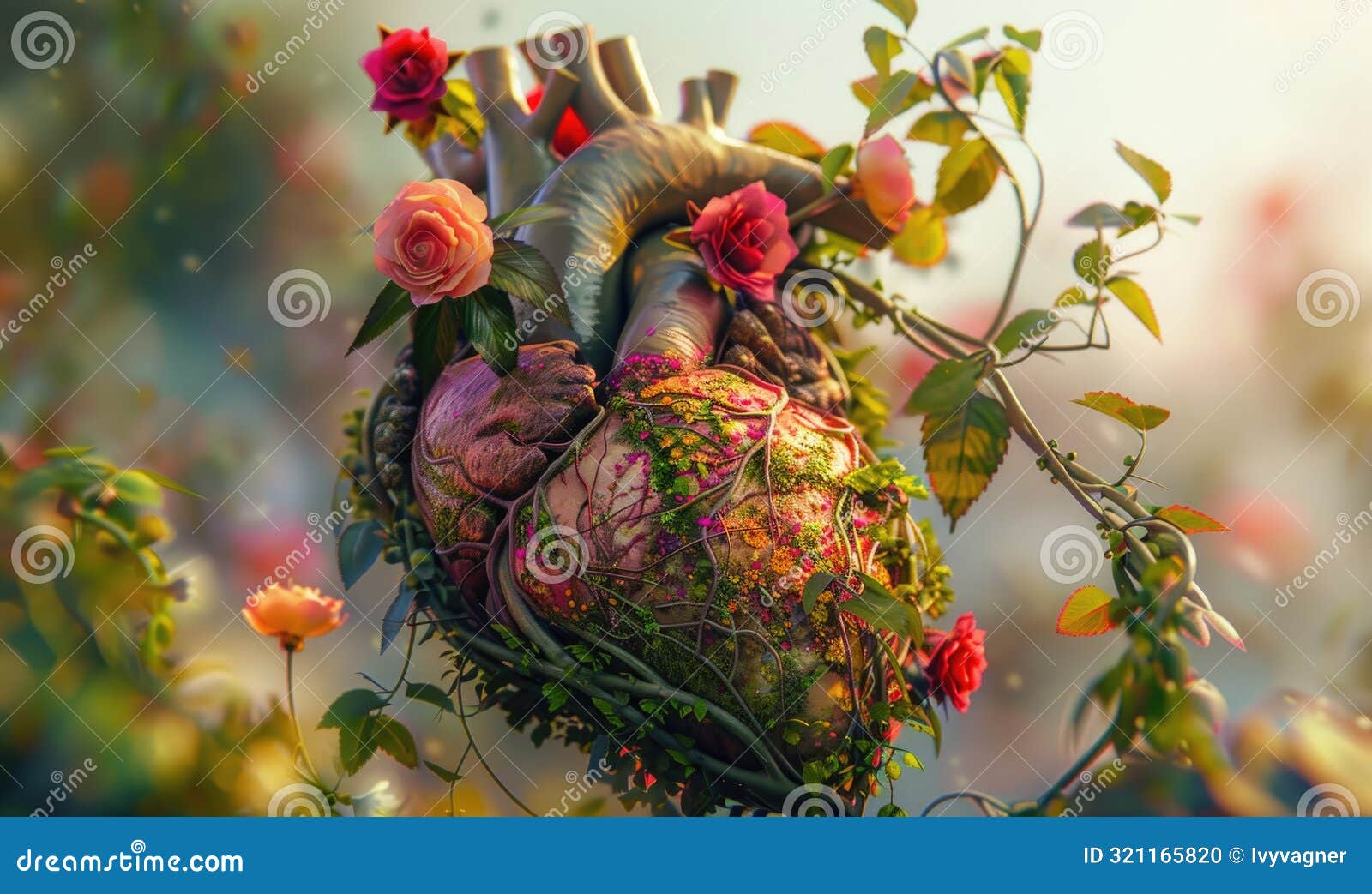 Realistic Model of a Human Heart Covered in Blooming Flowers and Vines ...