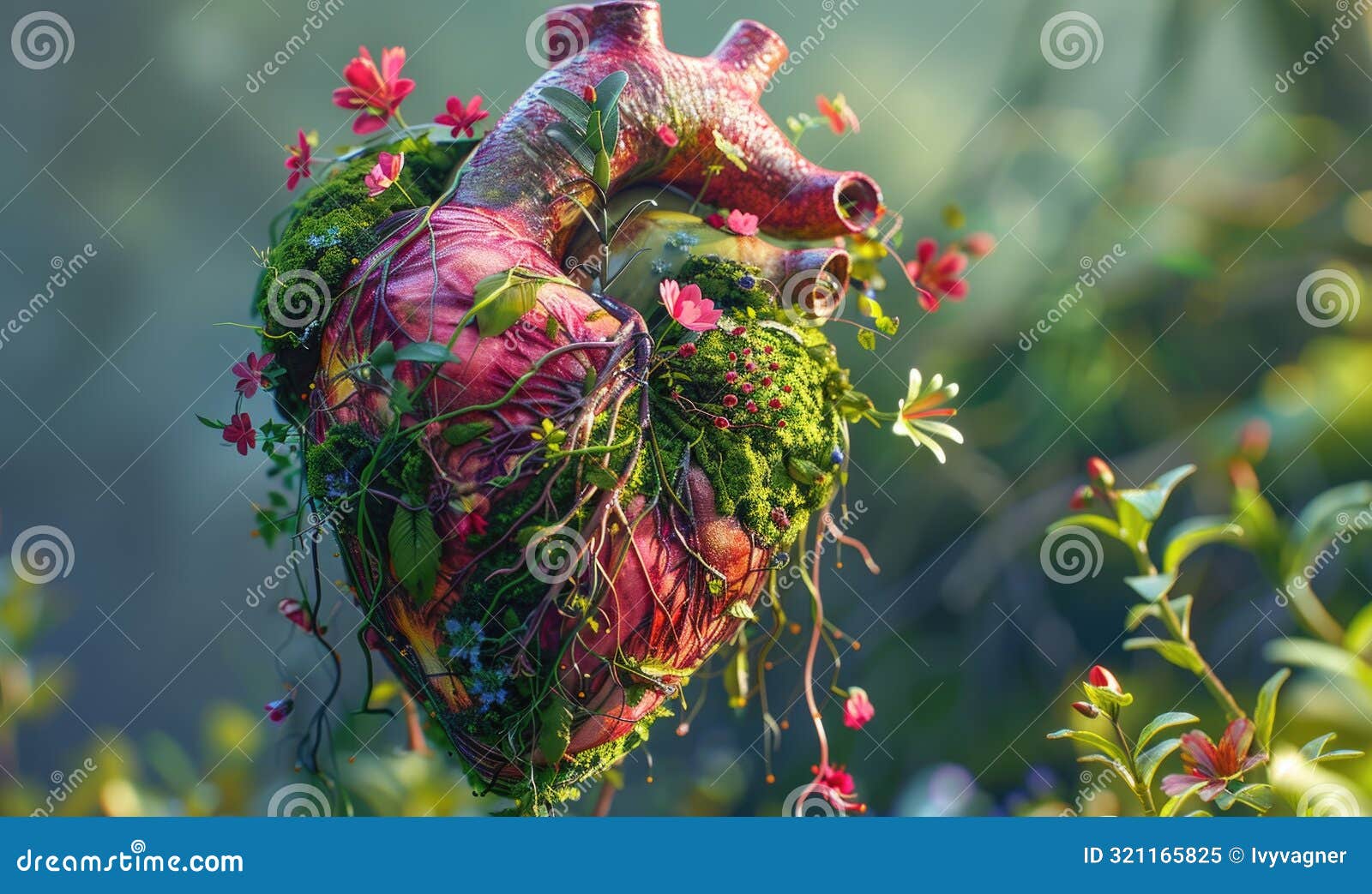 Realistic Model of a Human Heart Covered in Blooming Flowers and Vines ...