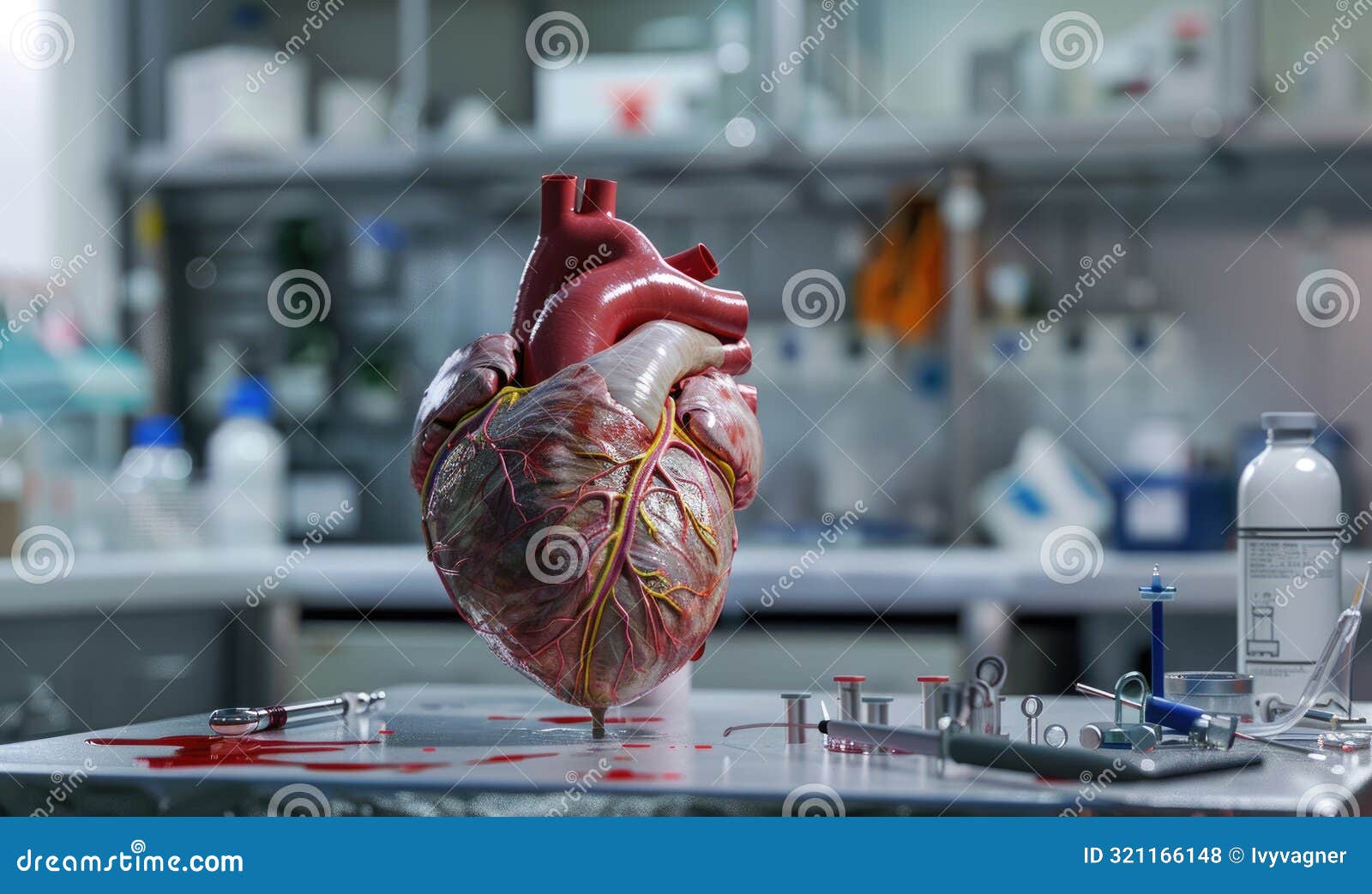 Realistic Model of a Human Heart, on a Lab Table with Medical ...