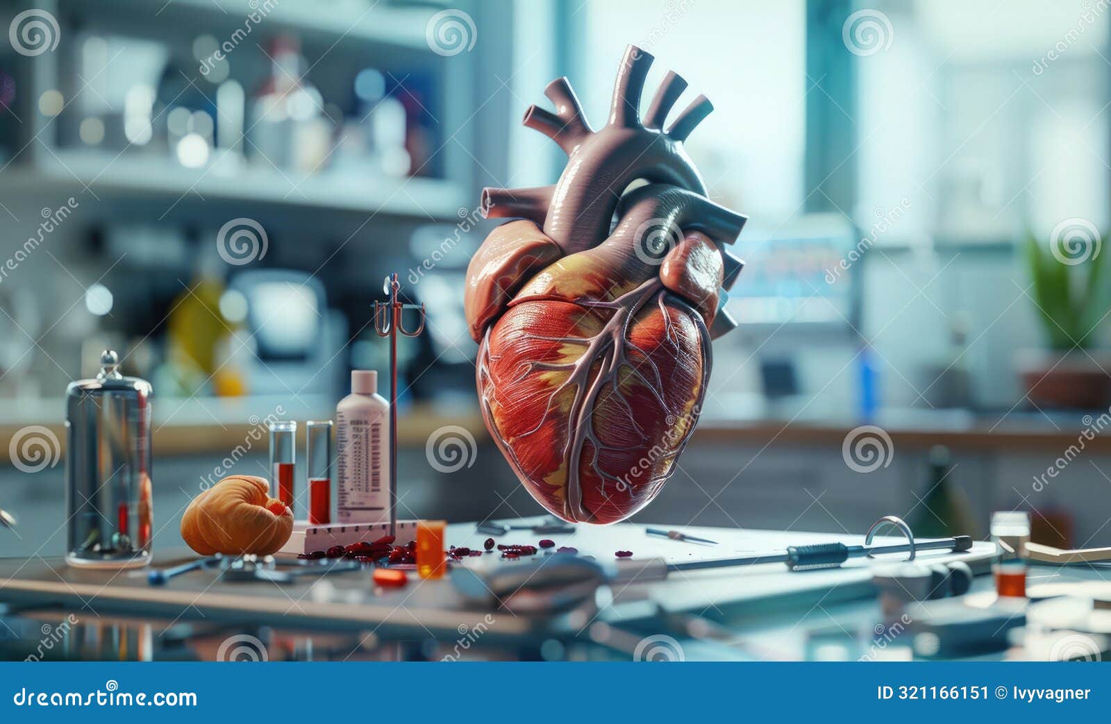 Realistic Model of a Human Heart, on a Lab Table with Medical ...