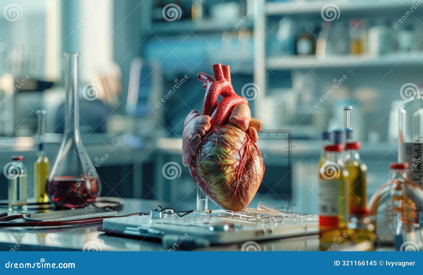 Realistic Model of a Human Heart, on a Lab Table with Medical ...