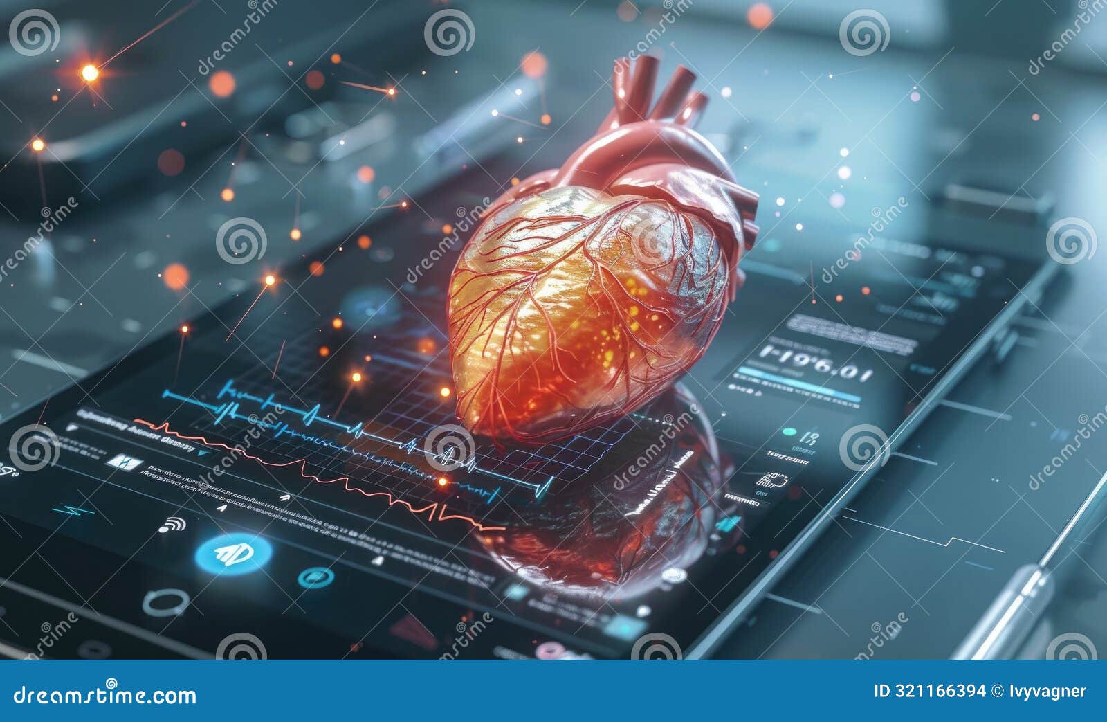 Realistic Model of a Human Heart Shown on a Tablet Screen Stock ...