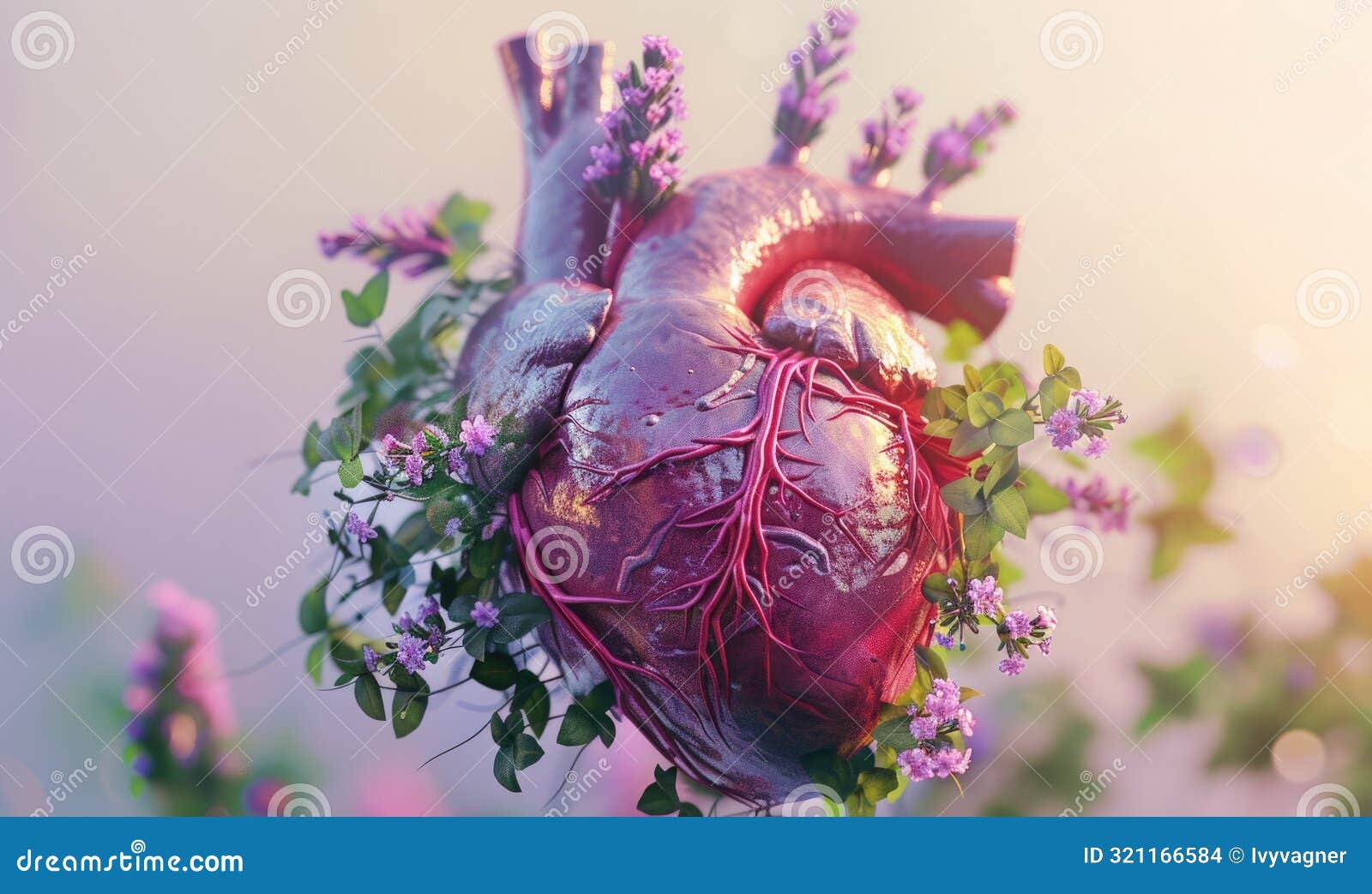Realistic Model of a Human Heart Wrapped in Delicate Lavender and Ivy ...