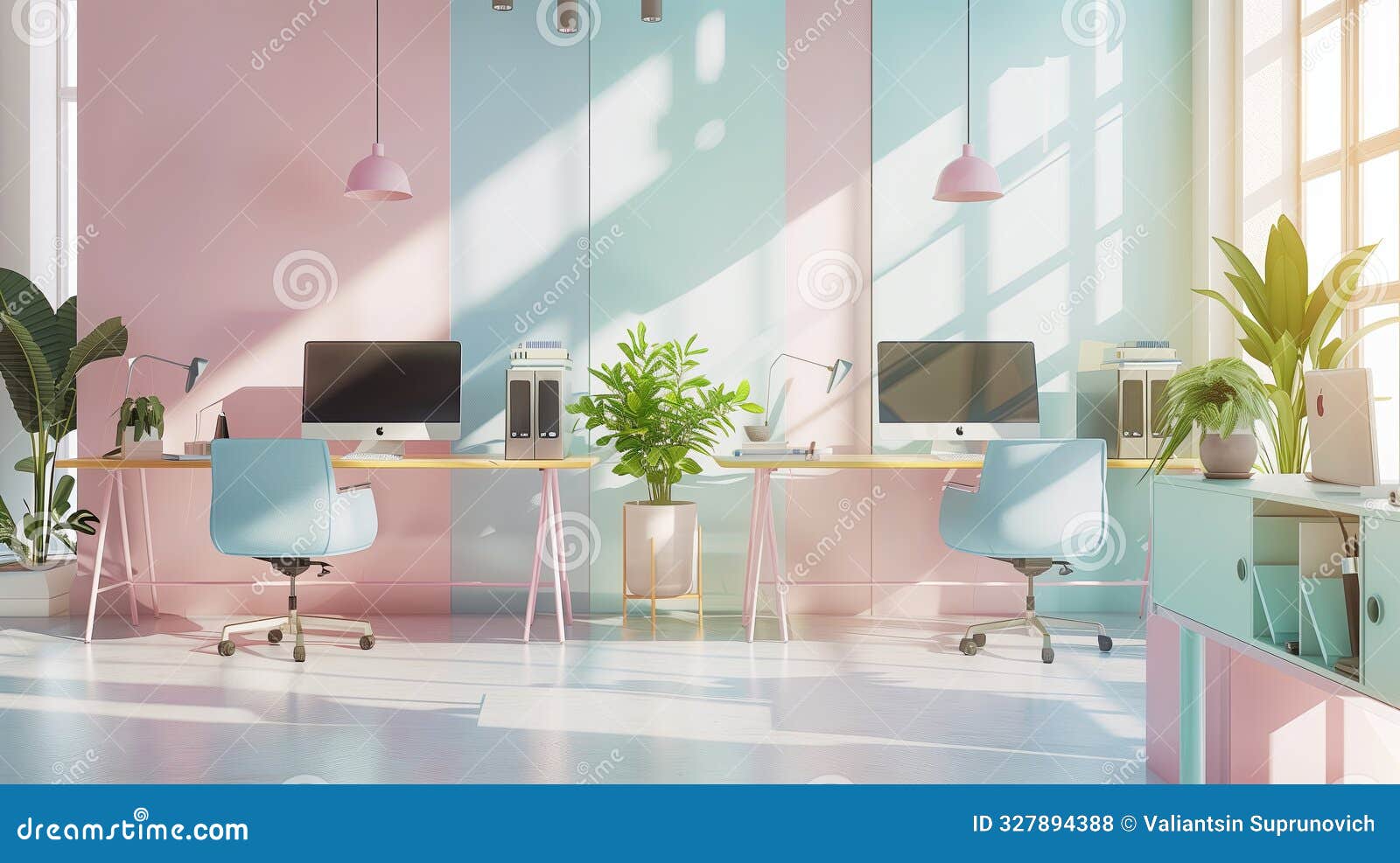 A Realistic of a Modern Office Interior Designed in Pastel Tones. the ...